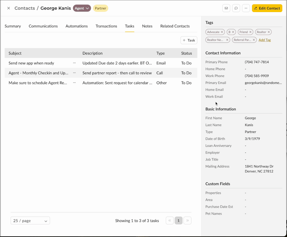 Contact View - Tasks Tab